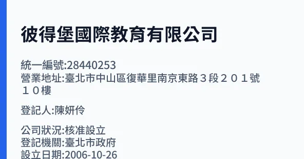 彼得堡國際教育有限公司的照片-統編 28440253(臺北市) 公司登記資料與營業項目詳細圖表