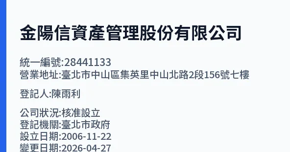 金陽信資產管理股份有限公司的照片-統編 28441133(臺北市) 公司登記資料與營業項目詳細圖表