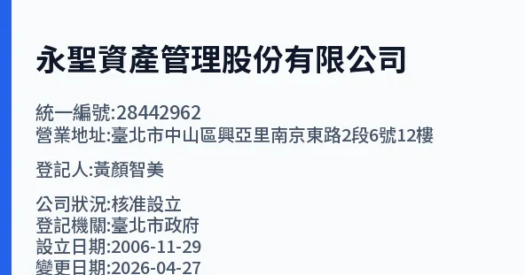 永聖資產管理股份有限公司的照片-統編 28442962(臺北市) 公司登記資料與營業項目詳細圖表