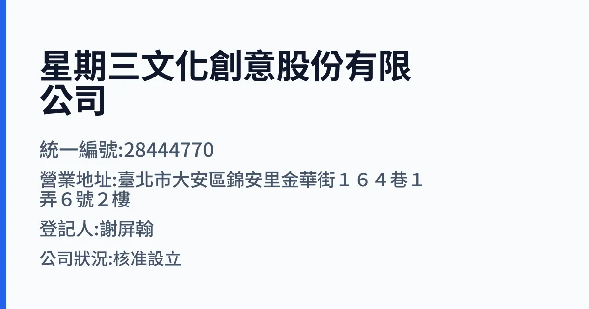 星期三文化創意股份有限公司 - 統編 28444770(臺北市) 公司登記資料與營業項目詳細圖表