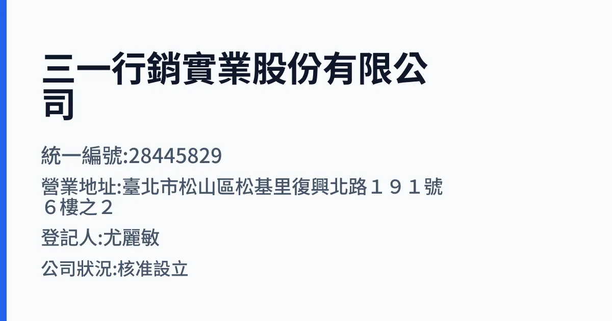 三一行銷實業股份有限公司 - 統編 28445829(臺北市) 公司登記資料與營業項目詳細圖表