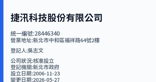捷汛科技股份有限公司的照片-統編 28446340(新北市) 公司登記資料與營業項目詳細圖表