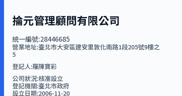 掄元管理顧問有限公司的照片-統編 28446685(臺北市) 公司登記資料與營業項目詳細圖表