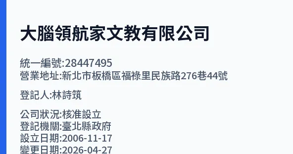 大腦領航家文教有限公司的照片-統編 28447495(新北市) 公司登記資料與營業項目詳細圖表