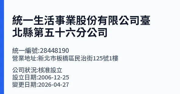 統一生活事業股份有限公司臺北縣第五十六分公司的照片-統編 28448190(新北市) 公司登記資料與營業項目詳細圖表