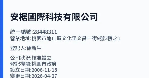 安椐國際科技有限公司的照片-統編 28448311(桃園市) 公司登記資料與營業項目詳細圖表