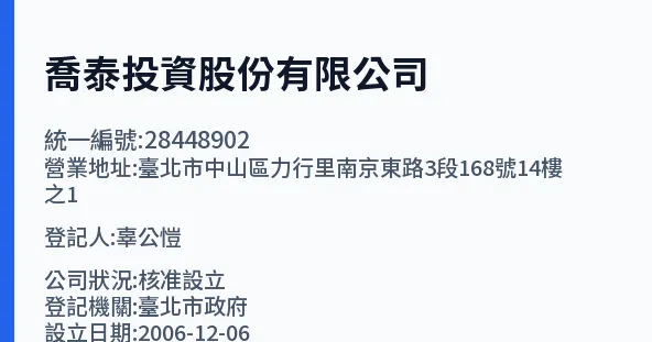 喬泰投資股份有限公司的照片-統編 28448902(臺北市) 公司登記資料與營業項目詳細圖表