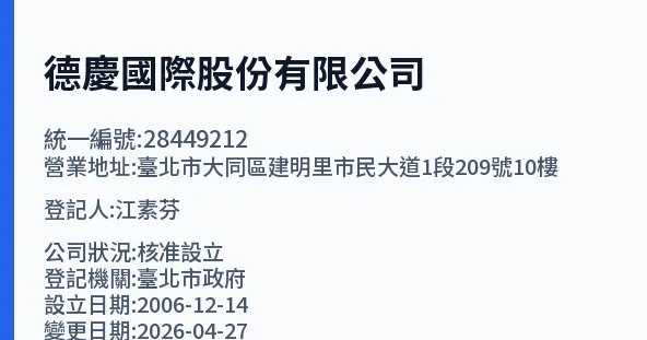 德慶國際股份有限公司的照片-統編 28449212(臺北市) 公司登記資料與營業項目詳細圖表