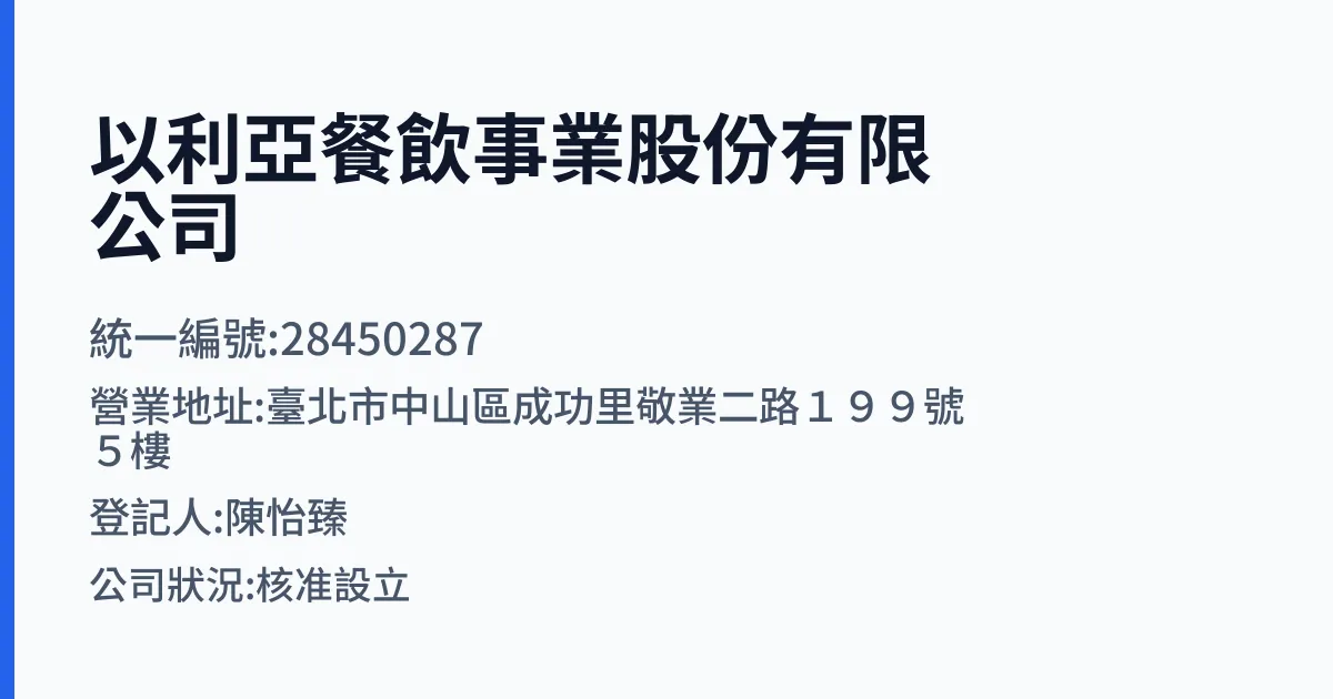 以利亞餐飲事業股份有限公司 - 統編 28450287（臺北市） 公司登記資料與營業項目詳細圖表