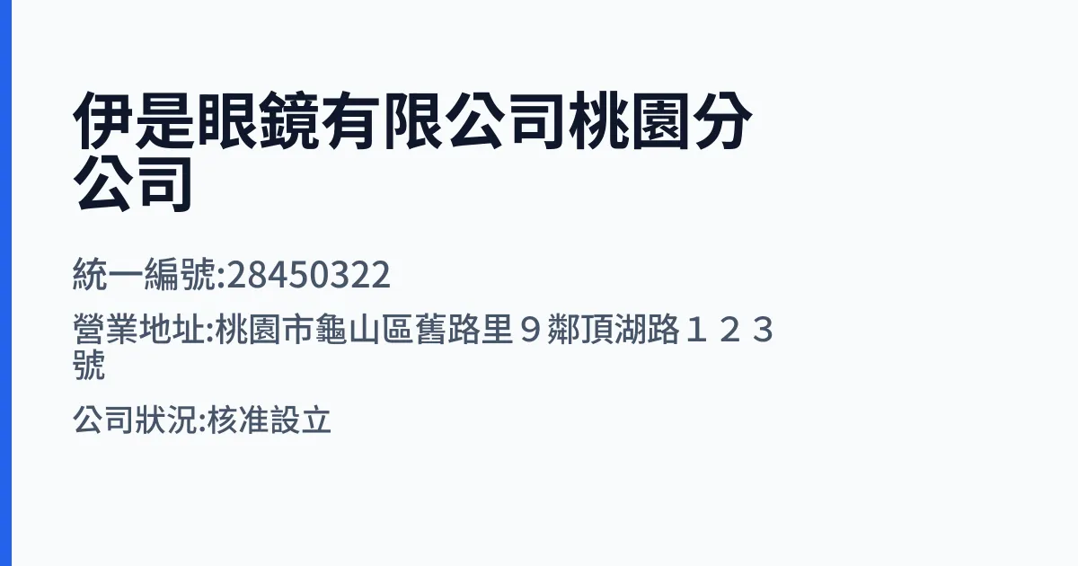 伊是眼鏡有限公司桃園分公司 - 統編 28450322(桃園市) 公司登記資料與營業項目詳細圖表