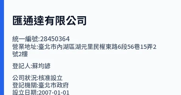 匯通達有限公司的照片-統編 28450364(臺北市) 公司登記資料與營業項目詳細圖表
