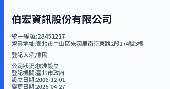 伯宏資訊股份有限公司的照片-統編 28451217(臺北市) 公司登記資料與營業項目詳細圖表