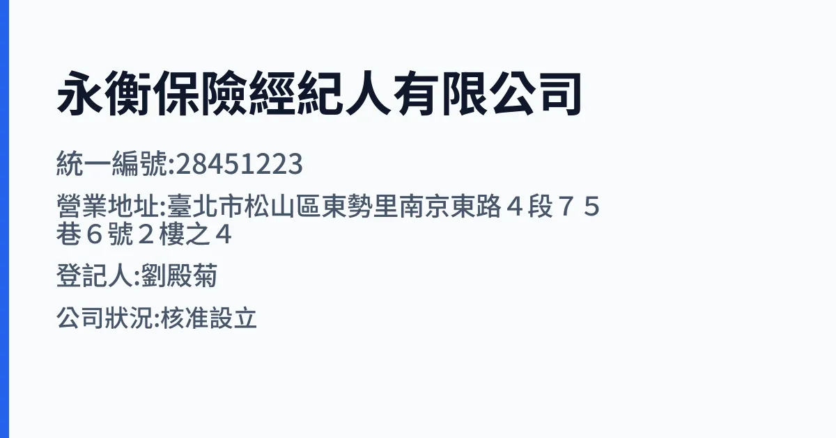 永衡保險經紀人有限公司 - 統編 28451223(臺北市) 公司登記資料與營業項目詳細圖表