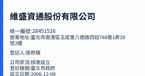 維盛資通股份有限公司的照片-統編 28451526(臺北市) 公司登記資料與營業項目詳細圖表