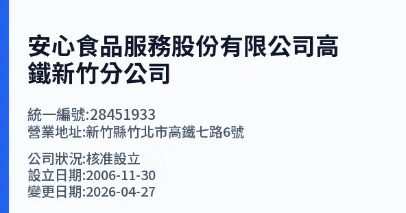 安心食品服務股份有限公司高鐵新竹分公司的照片-統編 28451933(新竹縣) 公司登記資料與營業項目詳細圖表