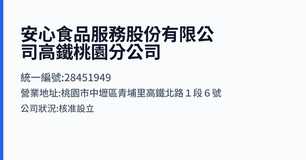 安心食品服務股份有限公司高鐵桃園分公司 - 統編 28451949(桃園市) 公司登記資料與營業項目詳細圖表