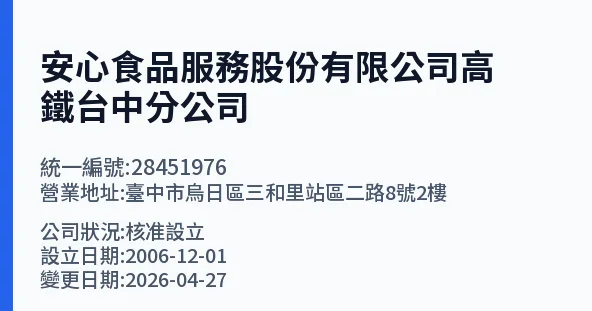 安心食品服務股份有限公司高鐵台中分公司的照片-統編 28451976(臺中市) 公司登記資料與營業項目詳細圖表