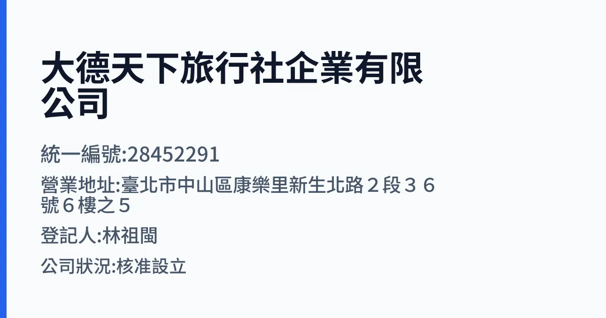 大德天下旅行社企業有限公司 - 統編 28452291(臺北市) 公司登記資料與營業項目詳細圖表