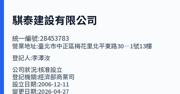 騏泰建設有限公司的照片-統編 28453783(臺北市) 公司登記資料與營業項目詳細圖表