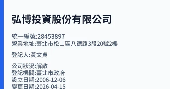 弘博投資股份有限公司的照片-統編 28453897(臺北市) 公司登記資料與營業項目詳細圖表