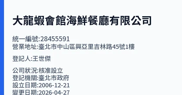大龍蝦會館海鮮餐廳有限公司的照片-統編 28455591(臺北市) 公司登記資料與營業項目詳細圖表