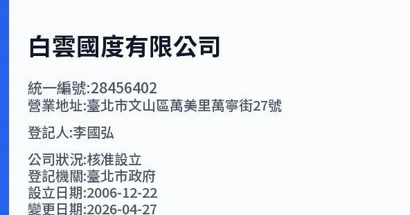 白雲國度有限公司的照片-統編 28456402(臺北市) 公司登記資料與營業項目詳細圖表