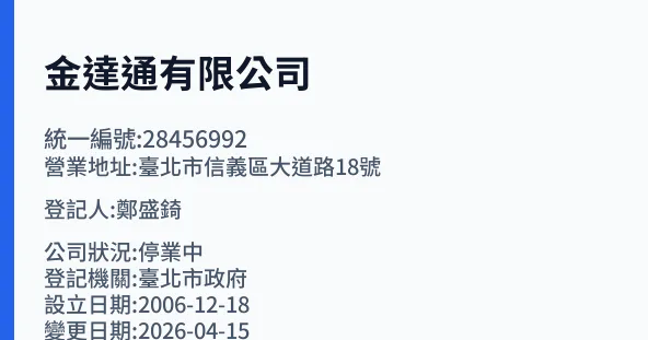 金達通有限公司的照片-統編 28456992(臺北市) 公司登記資料與營業項目詳細圖表