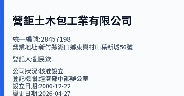 營鉅土木包工業有限公司的照片-統編 28457198(新竹縣) 公司登記資料與營業項目詳細圖表