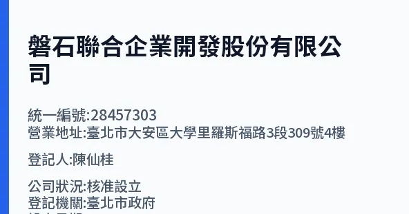 磐石聯合企業開發股份有限公司的照片-統編 28457303(臺北市) 公司登記資料與營業項目詳細圖表