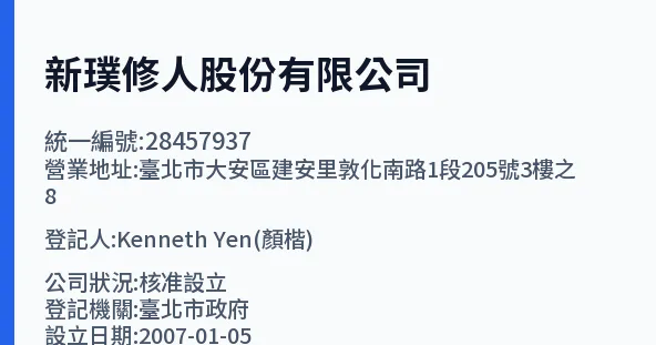 新璞修人股份有限公司的照片-統編 28457937(臺北市) 公司登記資料與營業項目詳細圖表