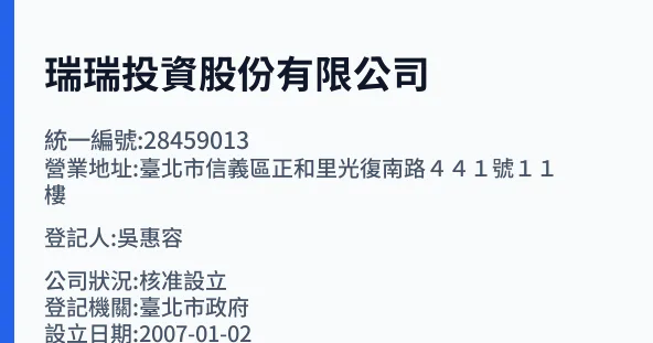 瑞瑞投資股份有限公司的照片-統編 28459013(臺北市) 公司登記資料與營業項目詳細圖表