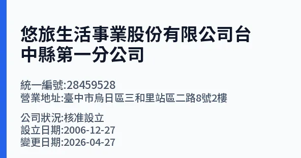 悠旅生活事業股份有限公司台中縣第一分公司的照片-統編 28459528(臺中市) 公司登記資料與營業項目詳細圖表