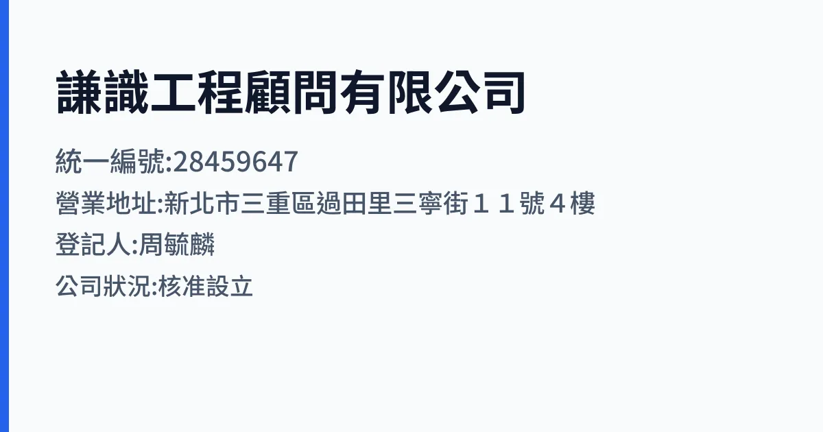 謙識工程顧問有限公司 - 統編 28459647(臺北市) 公司登記資料與營業項目詳細圖表