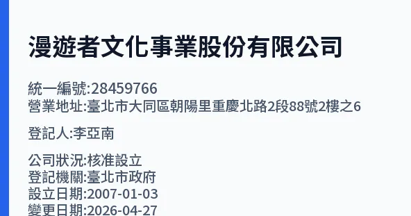 漫遊者文化事業股份有限公司的照片-統編 28459766(臺北市) 公司登記資料與營業項目詳細圖表