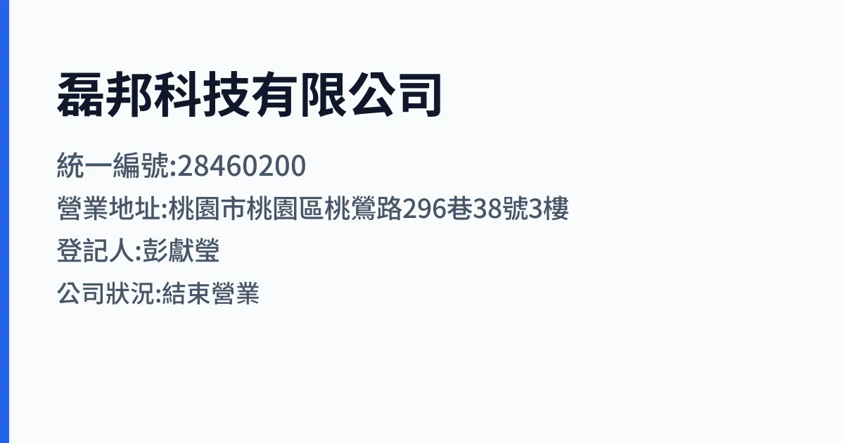 磊邦科技有限公司 - 統編 28460200(桃園市) 公司登記資料與營業項目詳細圖表