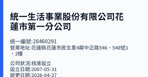 統一生活事業股份有限公司花蓮市第一分公司的照片-統編 28460291(花蓮縣) 公司登記資料與營業項目詳細圖表