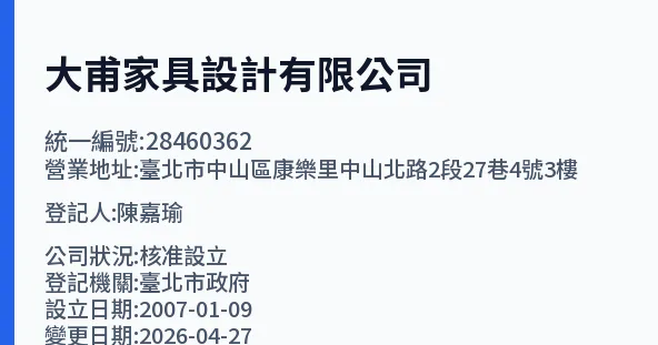 大甫家具設計有限公司的照片-統編 28460362(臺北市) 公司登記資料與營業項目詳細圖表