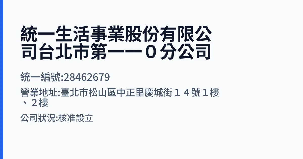 統一生活事業股份有限公司台北市第一一０分公司 - 統編 28462679(臺北市) 公司登記資料與營業項目詳細圖表