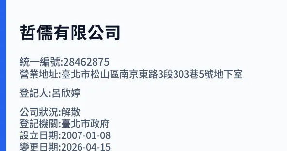 哲儒有限公司的照片-統編 28462875(臺北市) 公司登記資料與營業項目詳細圖表