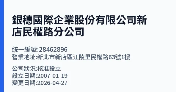 銀穗國際企業股份有限公司新店民權路分公司的照片-統編 28462896(新北市) 公司登記資料與營業項目詳細圖表