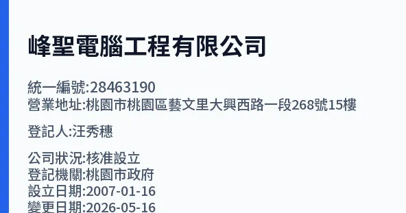 峰聖電腦工程有限公司的照片-統編 28463190(桃園市) 公司登記資料與營業項目詳細圖表