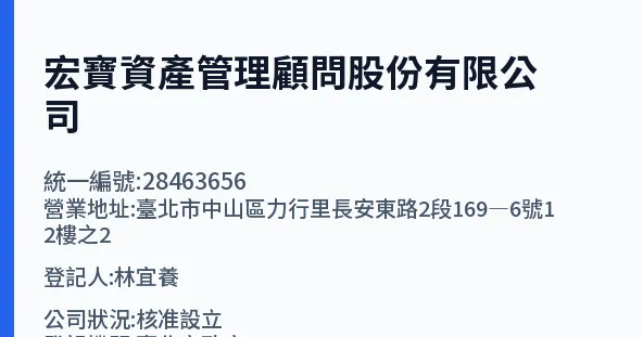 宏寶資產管理顧問股份有限公司的照片-統編 28463656(臺北市) 公司登記資料與營業項目詳細圖表