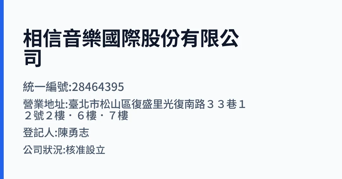 相信音樂國際股份有限公司 - 統編 28464395(臺北市) 公司登記資料與營業項目詳細圖表