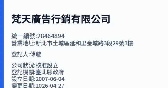 梵天廣告行銷有限公司的照片-統編 28464894(新北市) 公司登記資料與營業項目詳細圖表