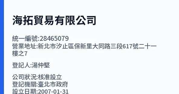 海拓貿易有限公司的照片-統編 28465079(新北市) 公司登記資料與營業項目詳細圖表
