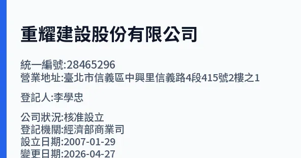 重耀建設股份有限公司的照片-統編 28465296(臺北市) 公司登記資料與營業項目詳細圖表