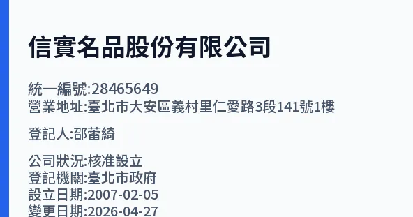 信實名品股份有限公司的照片-統編 28465649(臺北市) 公司登記資料與營業項目詳細圖表