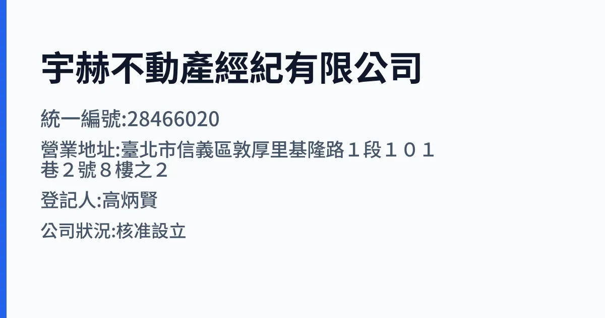 宇赫不動產經紀有限公司 - 統編 28466020(臺北市) 公司登記資料與營業項目詳細圖表