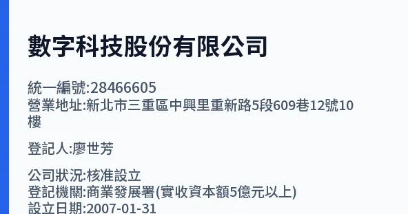 數字科技股份有限公司的照片-統編 28466605(新北市) 公司登記資料與營業項目詳細圖表