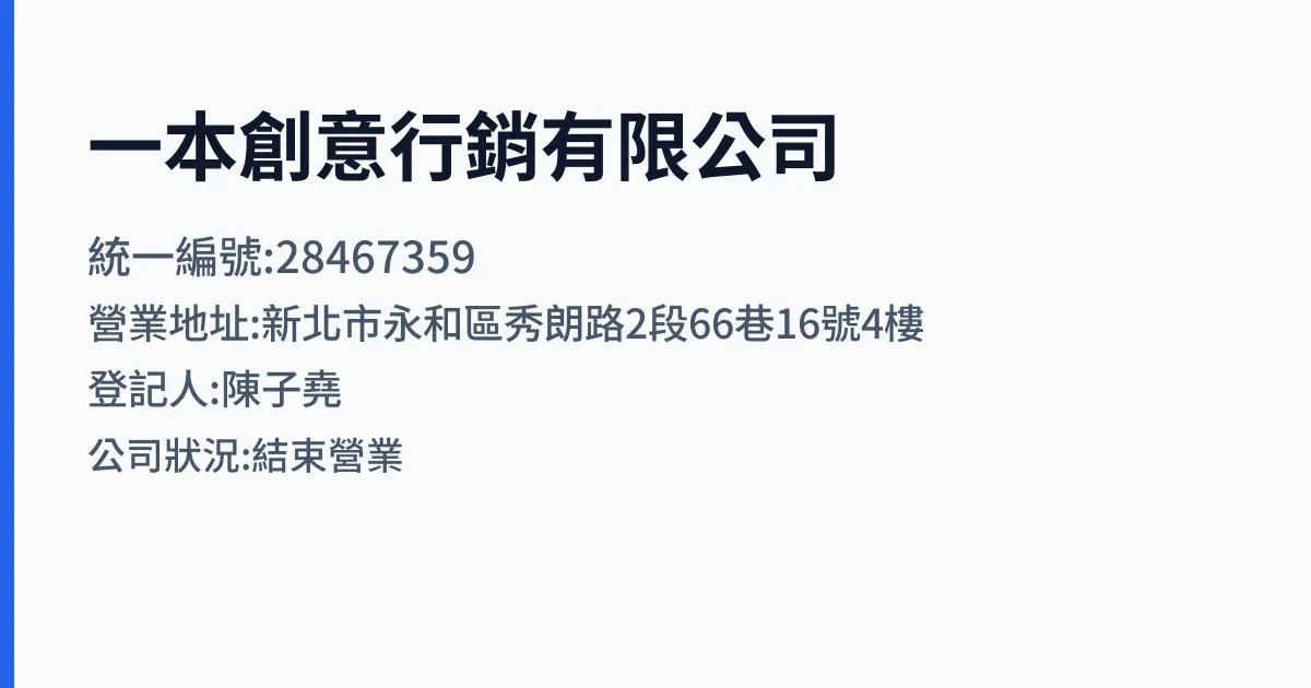 一本創意行銷有限公司 - 統編 28467359（新北市） 公司登記資料與營業項目詳細圖表